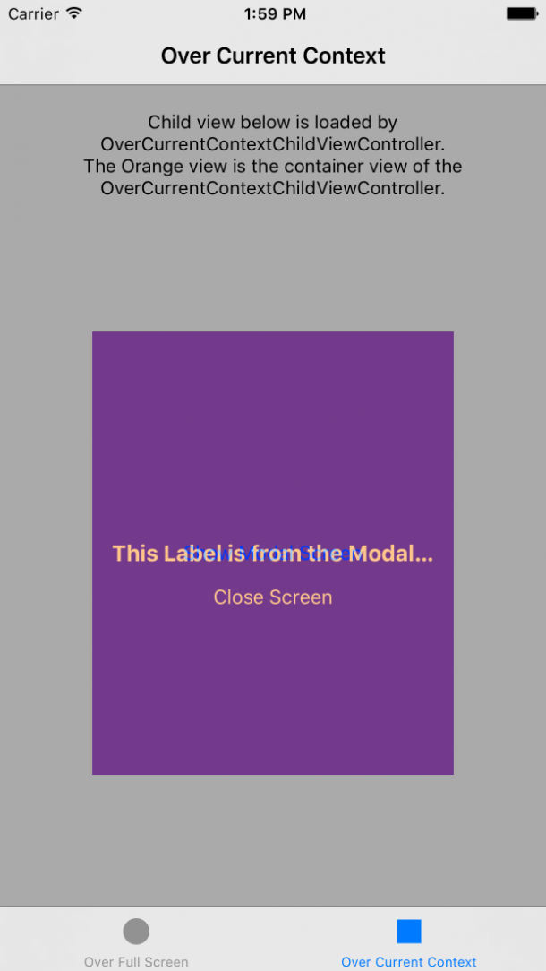 Difference of OverFullScreen and OverCurrentContext in iOS